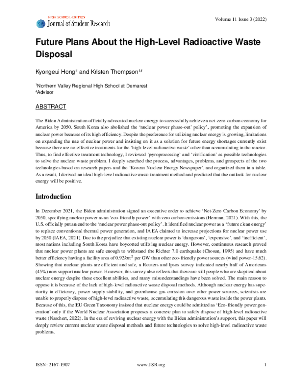 (PDF) Future Plans About the High-Level Radioactive Waste Disposal