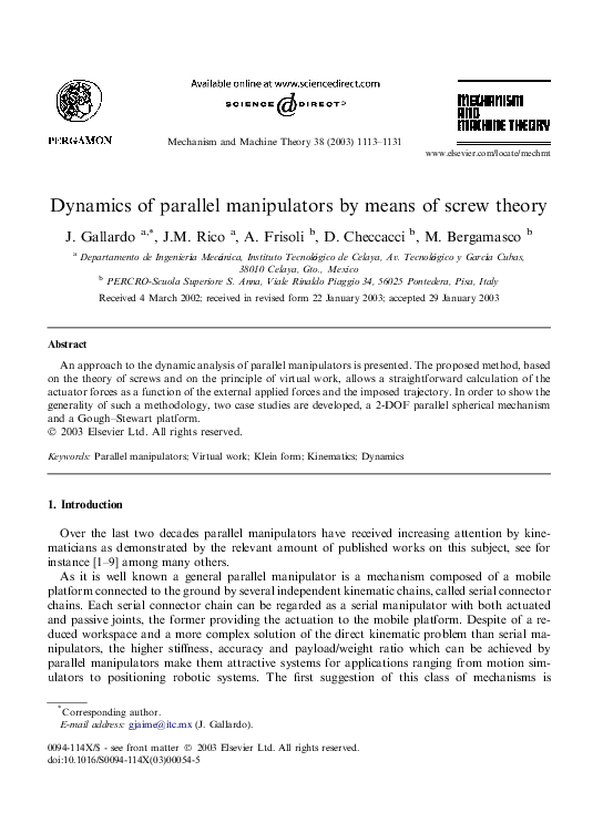 (PDF) Dynamics of parallel manipulators by means of screw theory