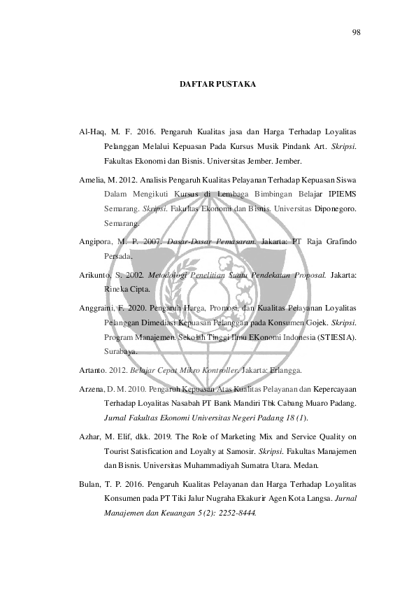 (PDF) PENGARUH KUALITAS PELAYANAN DAN HARGA TERHADAP LOYALITAS PELANGGAN MELALUI KEPUASAN ...