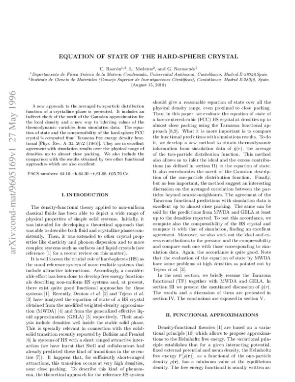 (PDF) Equation of state of the hard-sphere crystal