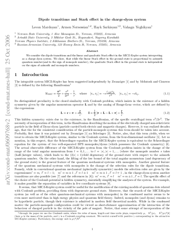 (PDF) Dipole transitions and Stark effect in the charge-dyon system ...