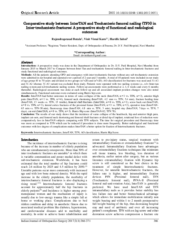 (PDF) Comparative study between InterTAN and Trochanteric femoral nailing (TFN) in Inter ...