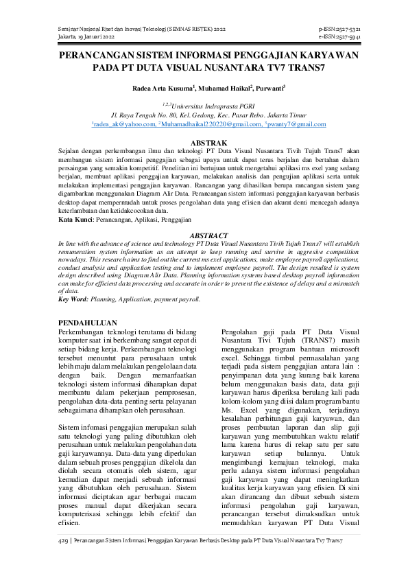 (PDF) Perancangan Sistem Informasi Penggajian Karyawan Pada PT Duta Visual Nusantara Tv7 Trans7