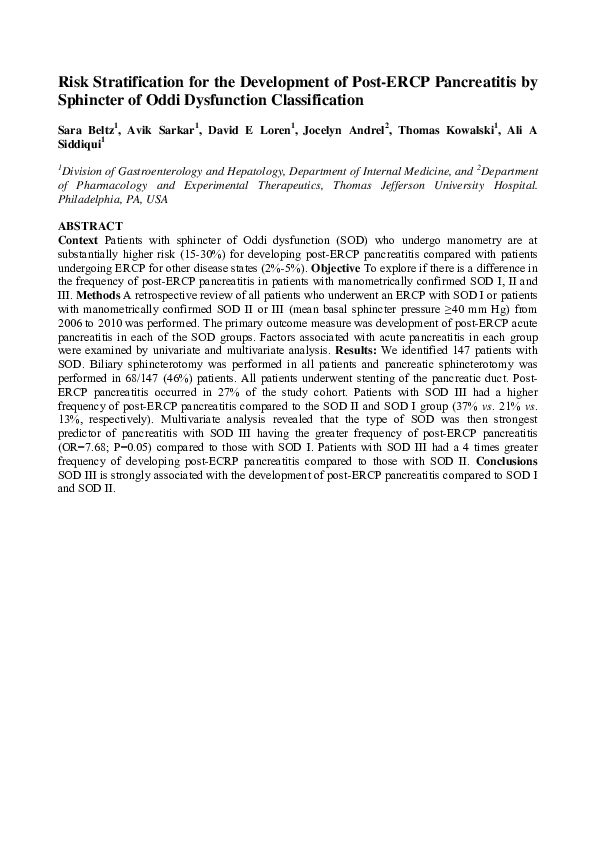 (PDF) Risk Stratification for the Development of Post-ERCP Pancreatitis ...