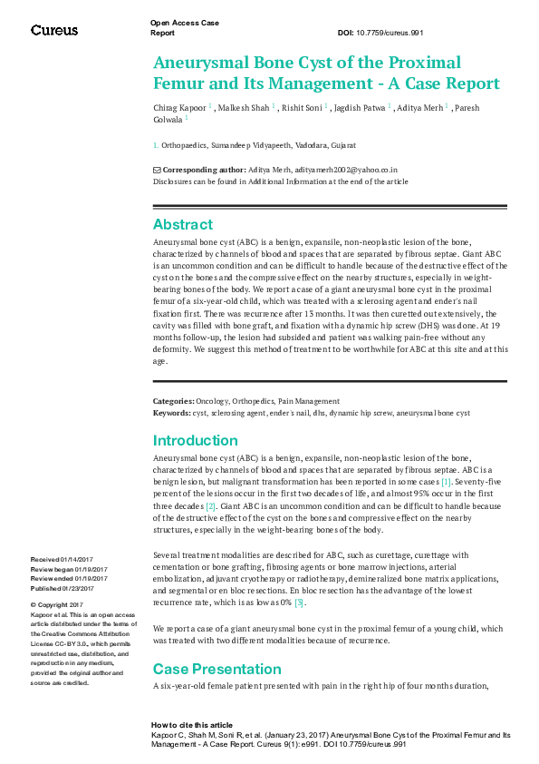 (PDF) Aneurysmal Bone Cyst of the Proximal Femur and Its Management - A ...