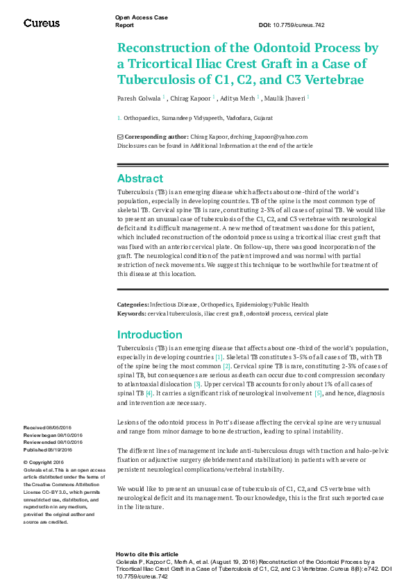 (PDF) Reconstruction of the Odontoid Process by a Tricortical Iliac ...