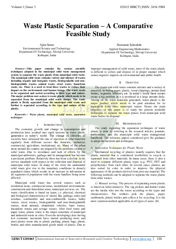 (PDF) Waste Plastic Separation – A Comparative Feasible Study