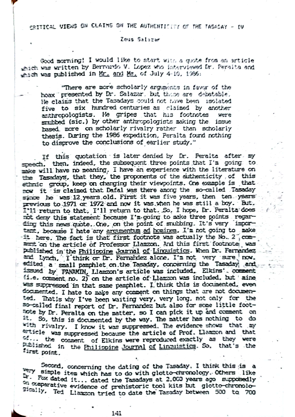 (PDF) Critical Views on Claims on the Authenticity of the Tasaday