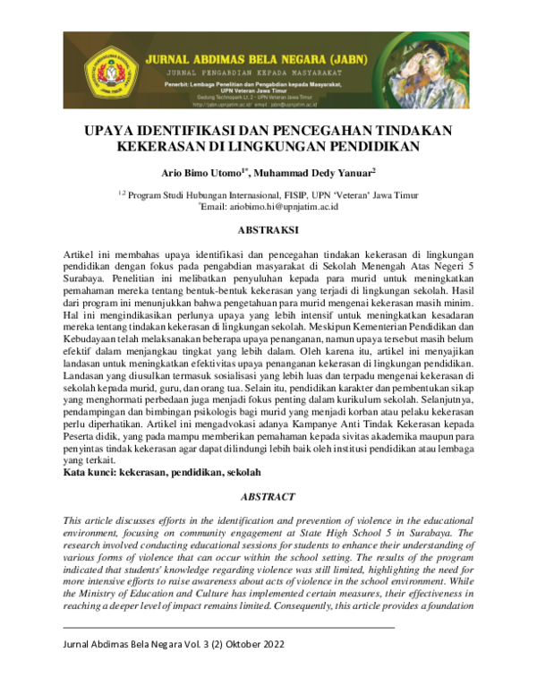 (PDF) UPAYA IDENTIFIKASI DAN PENCEGAHAN TINDAKAN KEKERASAN DI LINGKUNGAN PENDIDIKAN