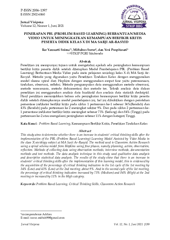 (PDF) Penerapan PBL (Problem Based Learning) Berbantuan Media Video Untuk Meningkatkan Kemampuan ...