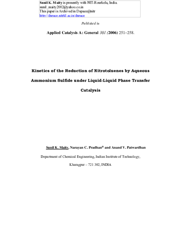 (PDF) Kinetics of the reduction of nitrotoluenes by aqueous ammonium sulfide under liquid–liquid ...