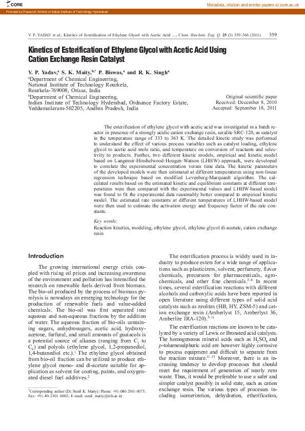 (PDF) Kinetics of Esterification of Ethylene Glycol with Acetic Acid Using Cation Exchange Resin ...