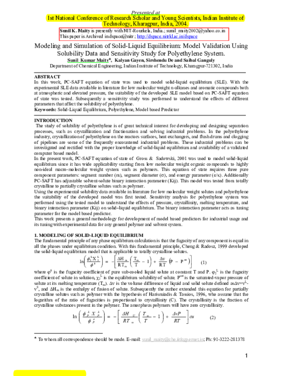 (PDF) Modeling and Simulation of Solid-Liquid Equilibrium: Model Validation Using Solubility ...