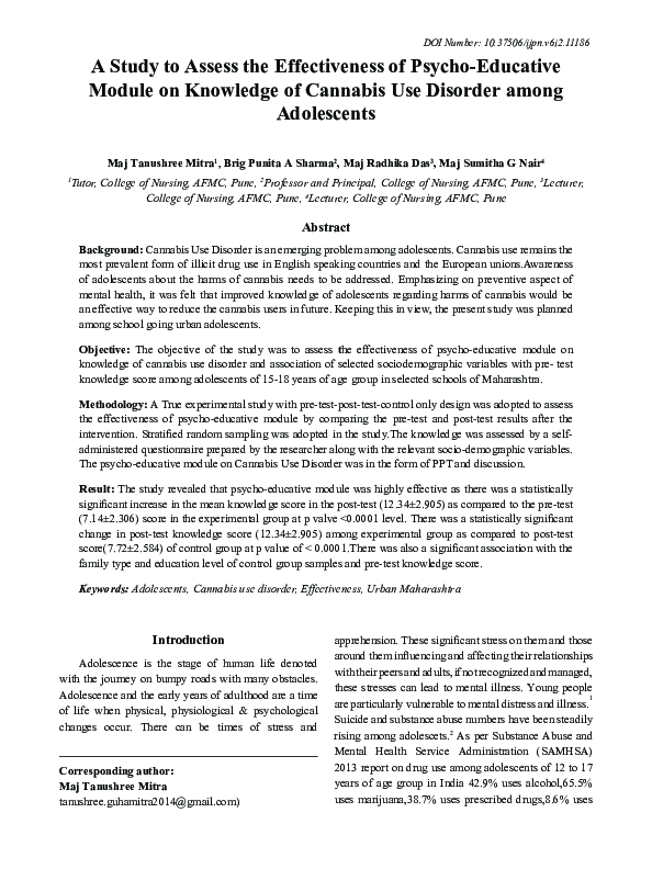(PDF) A Study to Assess the Effectiveness of Psycho-Educative Module on Knowledge of Cannabis ...
