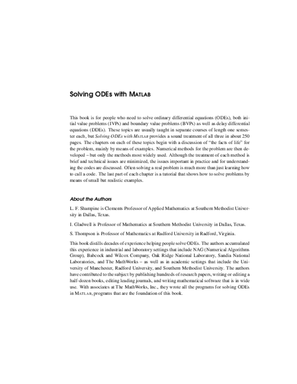 Pdf Solving Odes With Matlab 