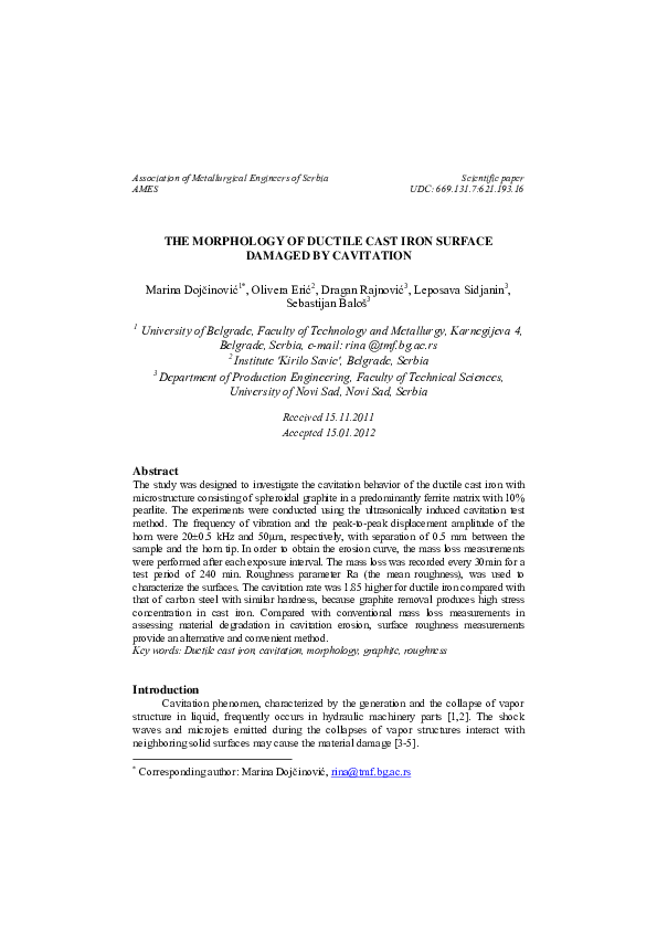 (PDF) The Morphology of Ductile Cast Iron Surface Damaged by Cavitation