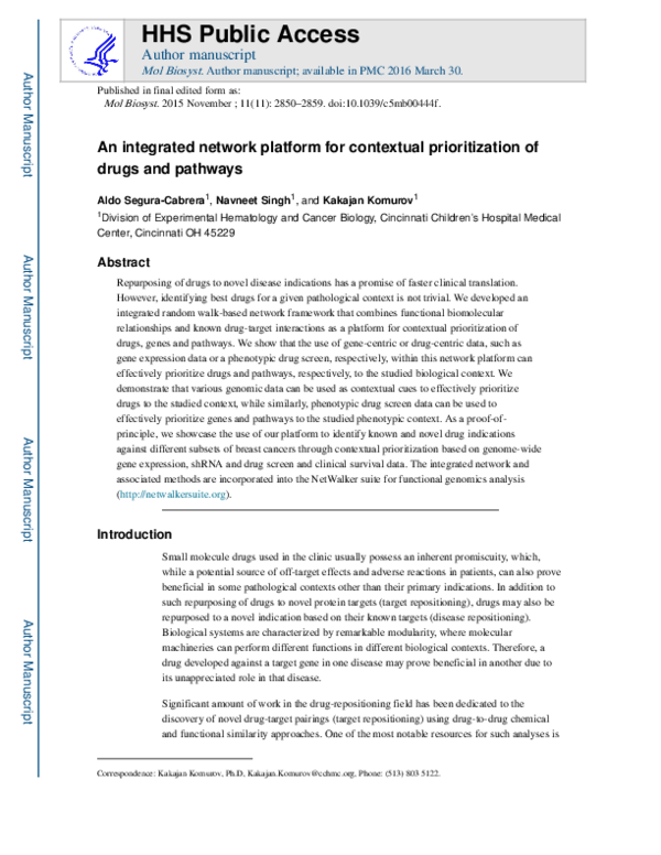 (PDF) An integrated network platform for contextual prioritization of drugs and pathways