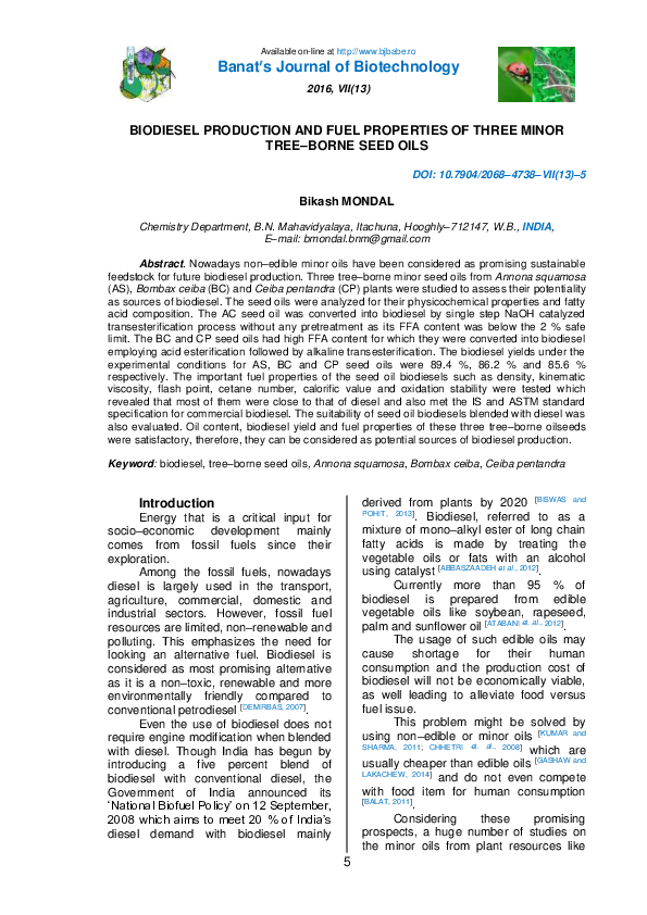 (PDF) Biodiesel Production and Fuel Properties of Three Minor Tree ...