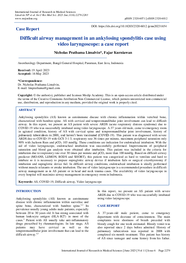 (PDF) Difficult airway management in an ankylosing spondylitis case ...