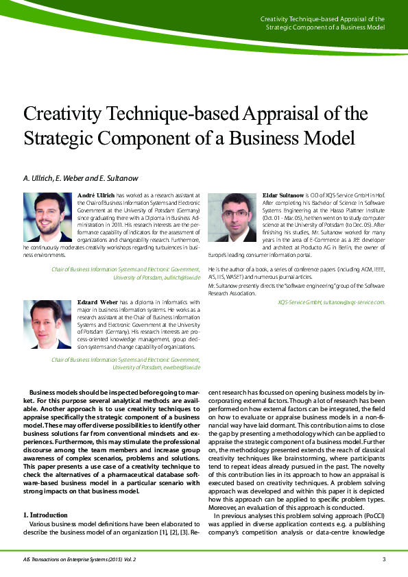 (PDF) Creativity Techniques and Business Models 3 . 1 Business Model Appraisal as a Creativity ...
