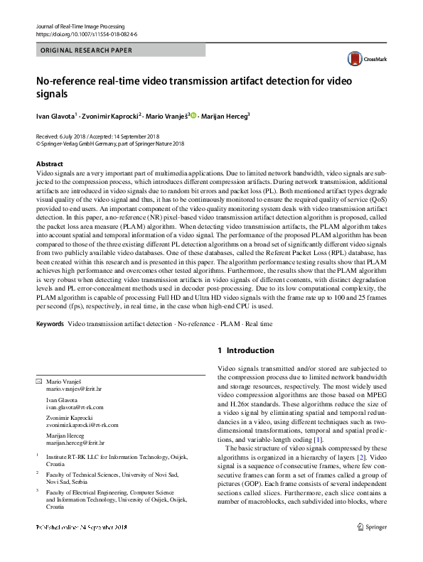 (PDF) No-reference real-time video transmission artifact detection for video signals