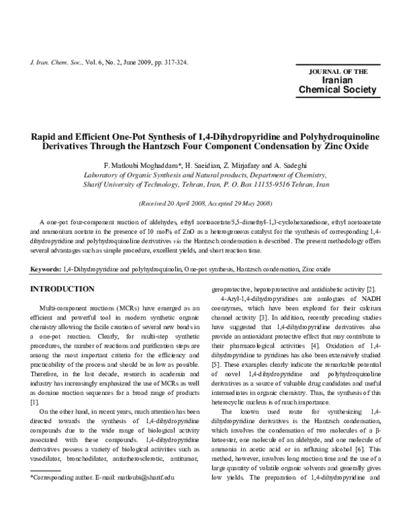 (PDF) Rapid and efficient one-pot synthesis of 1,4-dihydropyridine and polyhydroquinoline ...
