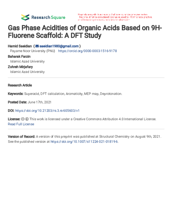 (PDF) Gas Phase Acidities of Organic Acids Based on 9H-Fluorene Scaffold: A DFT Study