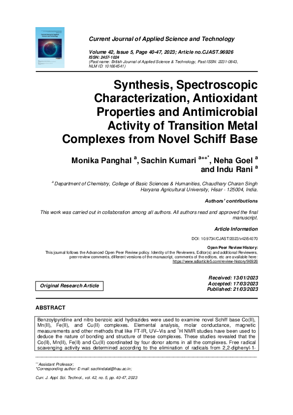 Pdf Synthesis Spectroscopic Characterization Antioxidant Properties And Antimicrobial