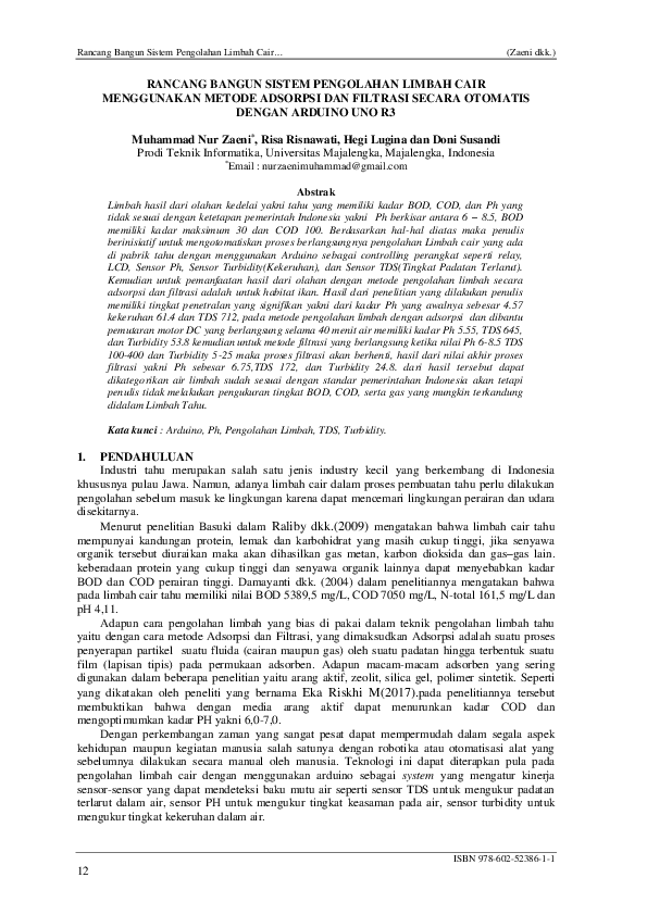 Pdf Rancang Bangun Sistem Pengolahan Limbah Cair Menggunakan Metode Adsorpsi Dan Filtrasi