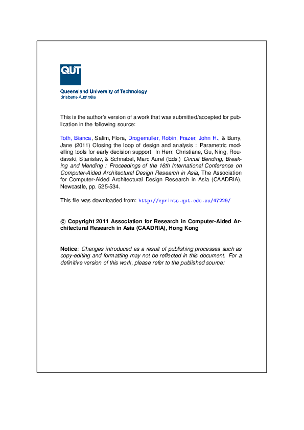 Pdf Closing The Loop Of Design And Analysis Parametric Modelling Tools For Early Decision Support