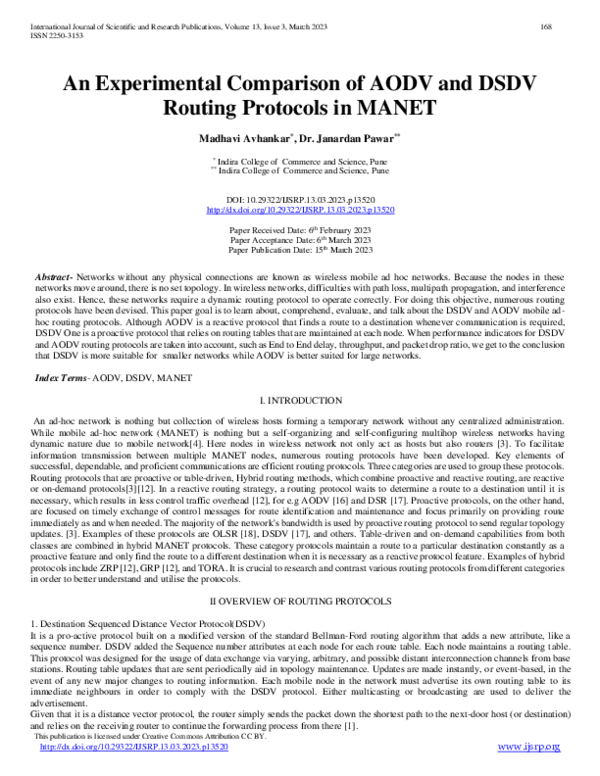 Pdf An Experimental Comparison Of Aodv And Dsdv Routing Protocols In Manet