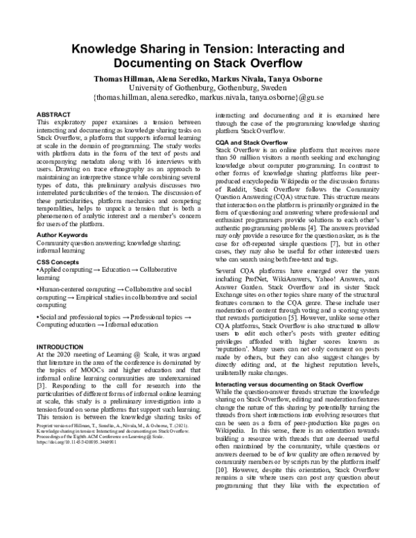 Pdf Knowledge Sharing In Tension Interacting And Documenting On Stack Overflow 