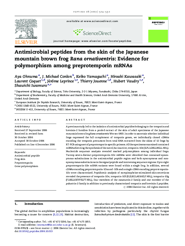 (PDF) Antimicrobial peptides from the skin of the Japanese mountain ...