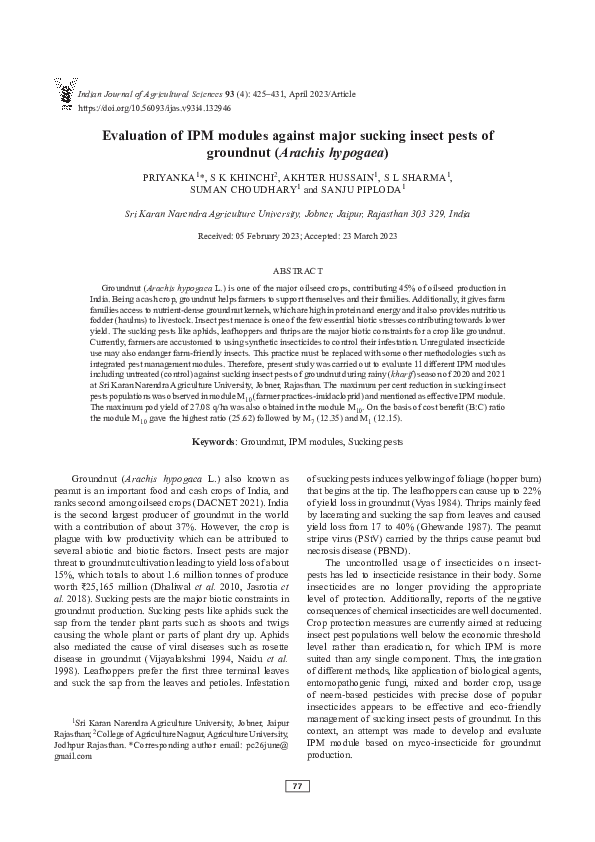 (PDF) Evaluation of IPM modules against major sucking insect pests of groundnut (Arachis hypogaea)