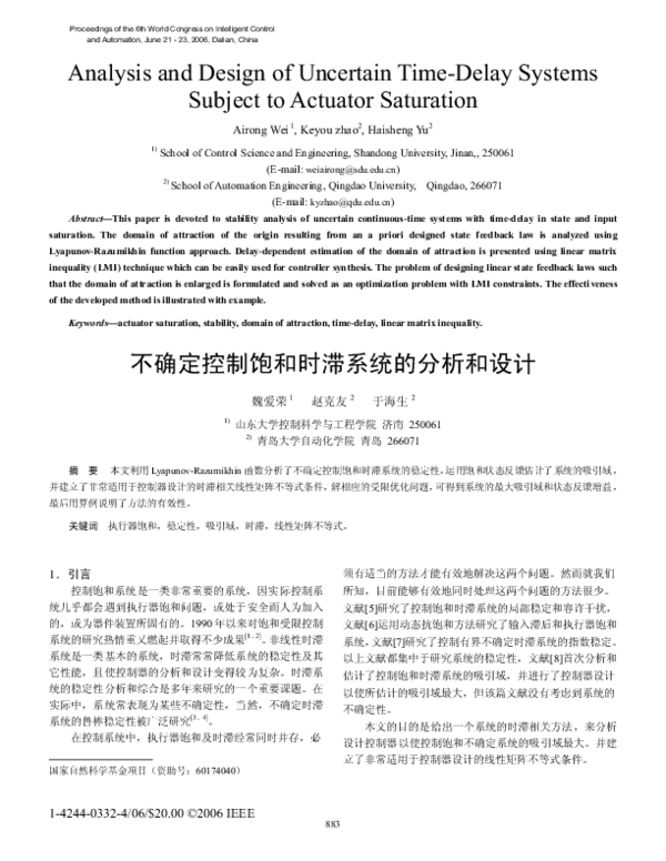 Pdf Analysis And Design Of Uncertain Time Delay Systems Subject To Actuator Saturation