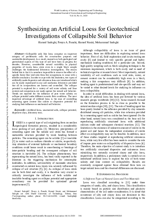 (PDF) Synthesizing an Artificial Loess for Geotechnical Investigations of Collapsible Soil ...