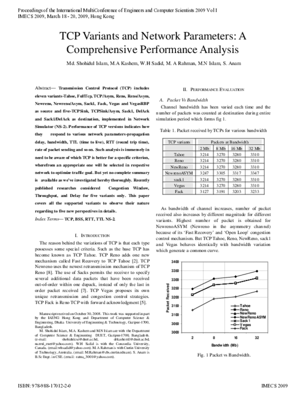 Pdf Tcp Variants And Network Parameters A Comprehensive Performance