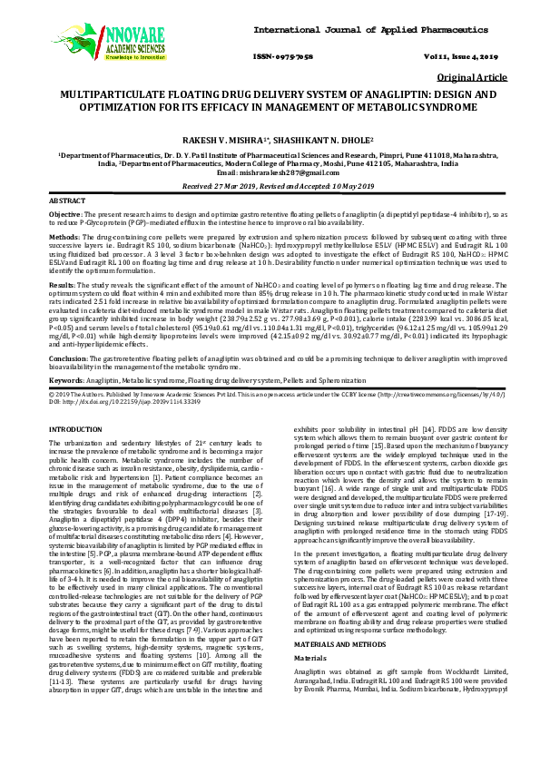 Pdf Multiparticulate Floating Drug Delivery System Of Anagliptin Design And Optimization For