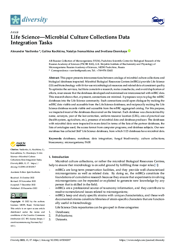 (PDF) Life Science—Microbial Culture Collections Data Integration Tasks