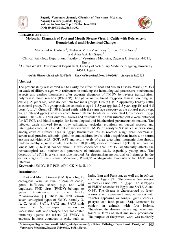 (PDF) Molecular Diagnosis of Foot and Mouth Disease Virus in Cattle with Reference to ...