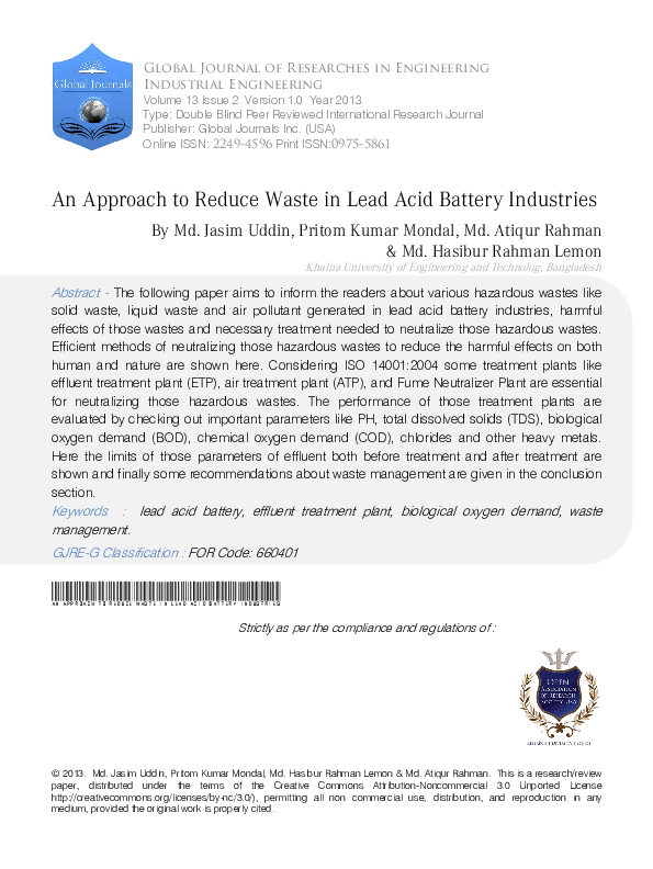 (PDF) An Approach to Reduce Waste in Lead Acid Battery Industries