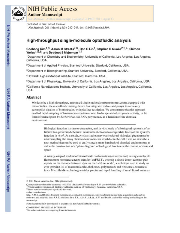(PDF) High-throughput single-molecule optofluidic analysis | Shimon Weiss - Academia.edu