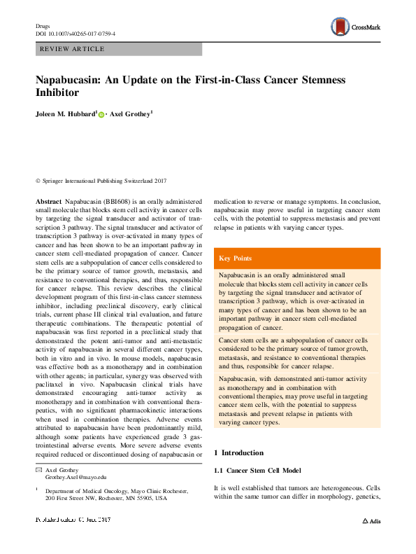 (PDF) Napabucasin: An Update on the First-in-Class Cancer Stemness ...