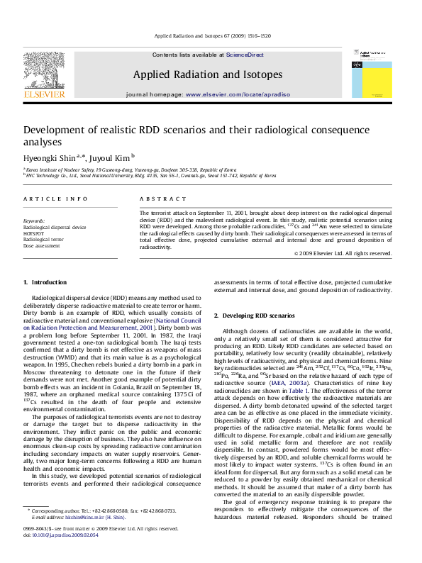 (PDF) Development of realistic RDD scenarios and their radiological ...