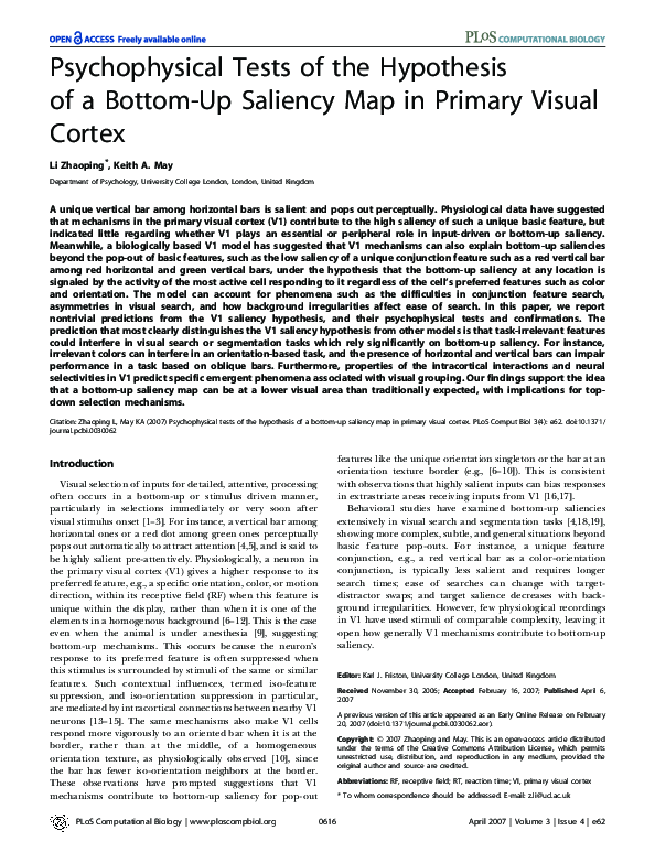 (PDF) Psychophysical Tests of the Hypothesis of a Bottom-Up Saliency ...