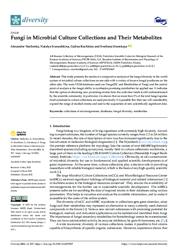 (PDF) Fungi in Microbial Culture Collections and Their Metabolites