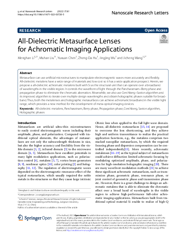 (PDF) All-Dielectric Metasurface Lenses for Achromatic Imaging Applications