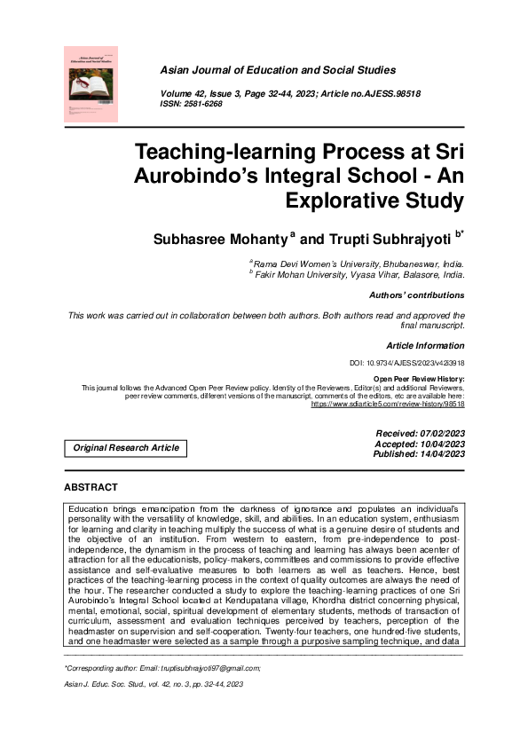(PDF) Teaching-learning Process at Sri Aurobindo’s Integral School - An Explorative Study