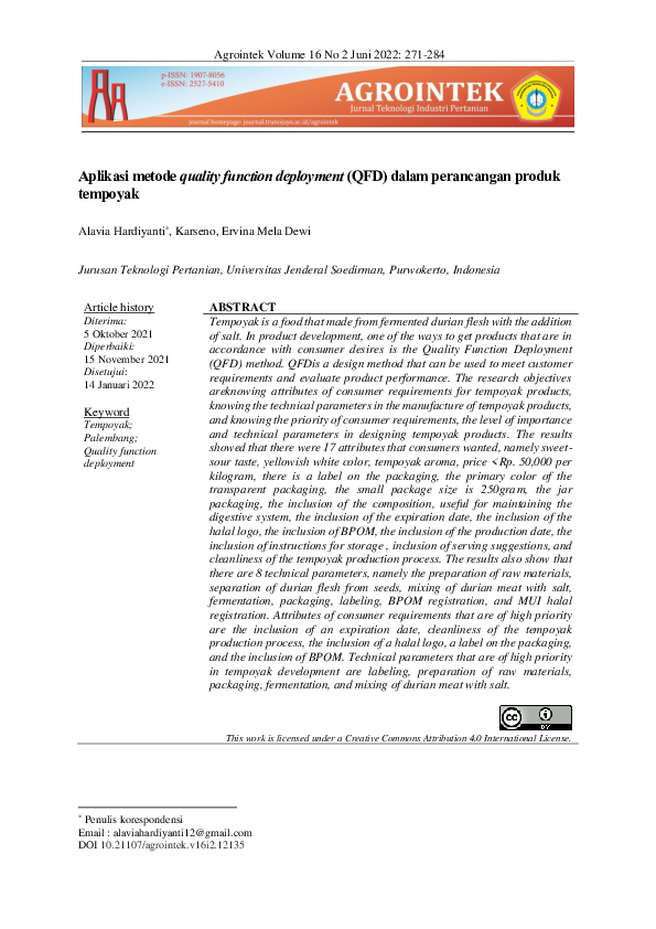 (PDF) Aplikasi metode quality function deployment (QFD) dalam perancangan produk tempoyak ...