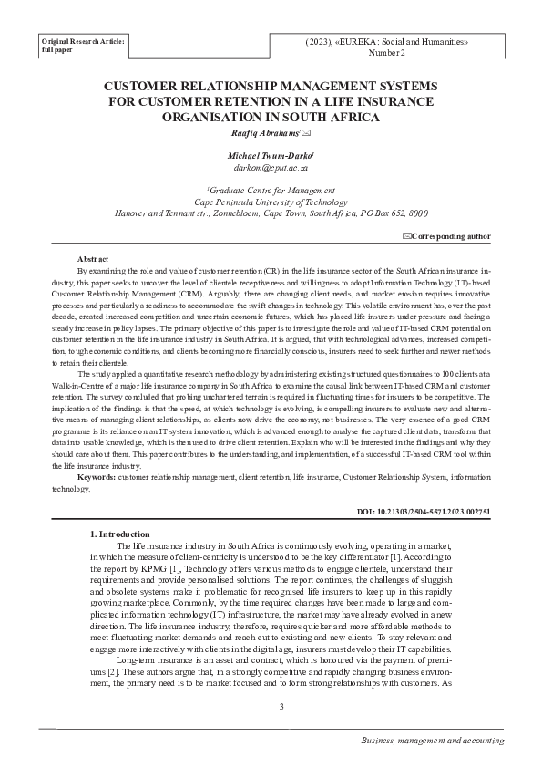 (PDF) Customer relationship management systems for customer retention in a life insurance ...